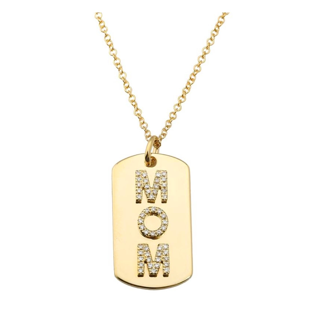 14KT Gold Diamond MOM Dogtag Necklace – DilaraSaatci